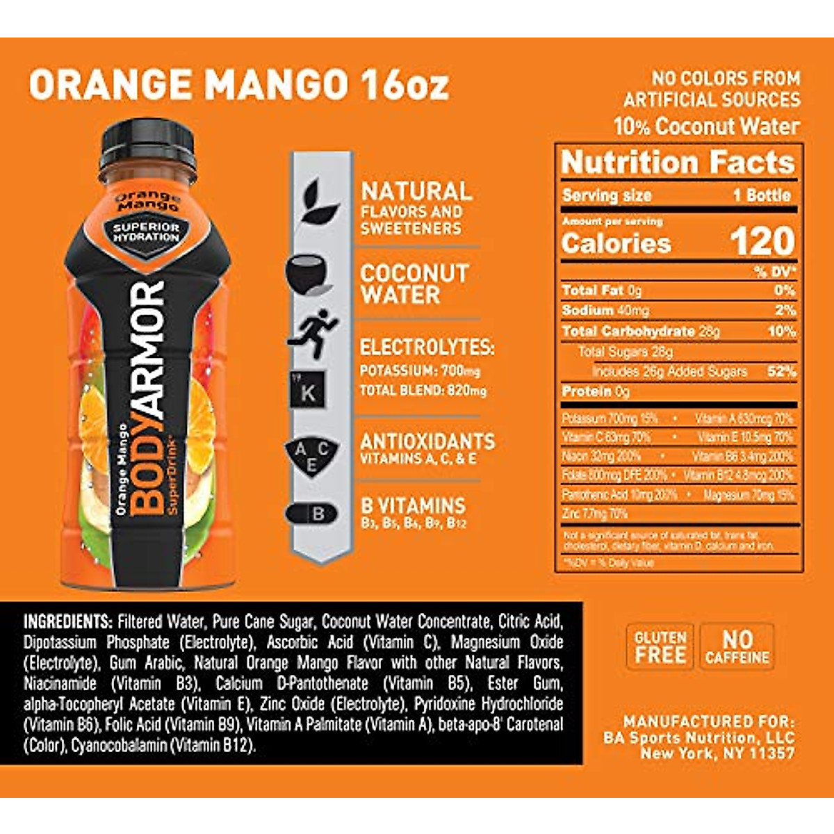 BODYARMOR Sports Drink Sports Beverage, Orange Mango, Natural Flavors With Vitamins, Potassium-Packed Electrolytes, Perfect For Athletes, 16 Fl Oz (Pack of 12)