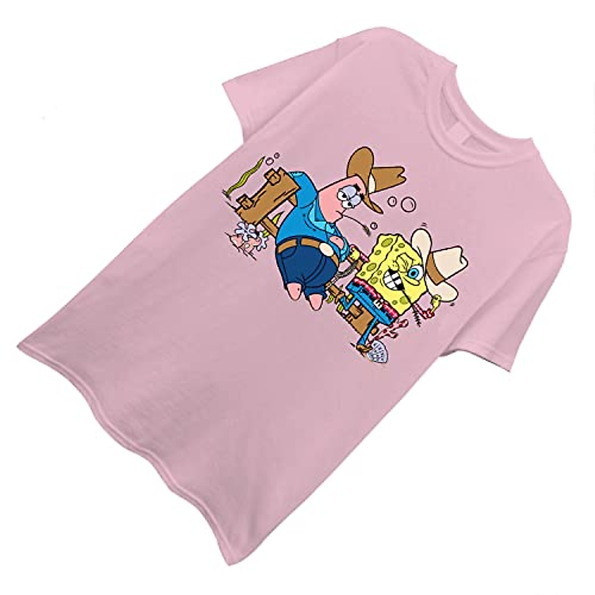 Mens Spongebob Squarepants Classic Shirt - Spongebob, Patrick & Krusty Krab T-Shirt (Light Pink Western, Large)