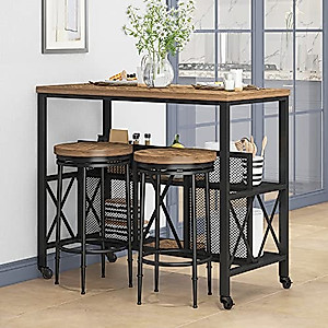 HOMYSHOPY Bar Table and Chairs Set, Modern Counter Height Dining Table Set for 2, Farmhouse Pub Table Dining Room Set with Storage for Kitchen(Brown Wood)