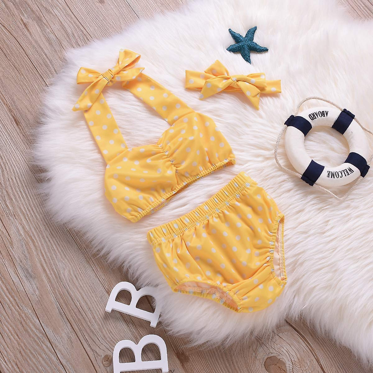 Baby Girl Bikini,Kids Toddler Polka Dot Swimsuits Halter Swimwear Bikinis Set with Headband (Yellow, 3-6 Months)