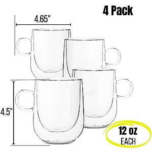 BTaT- BarrelShape Mugs, 4 Pack, 12 oz (350 ml), Glass Coffee Mugs, Clear Coffee Mug, Double Wall Glass Coffee Mugs, Glass Mugs, Latte Cup, Glass Tea Cups, Insulated Coffee Cups, Clear Mug