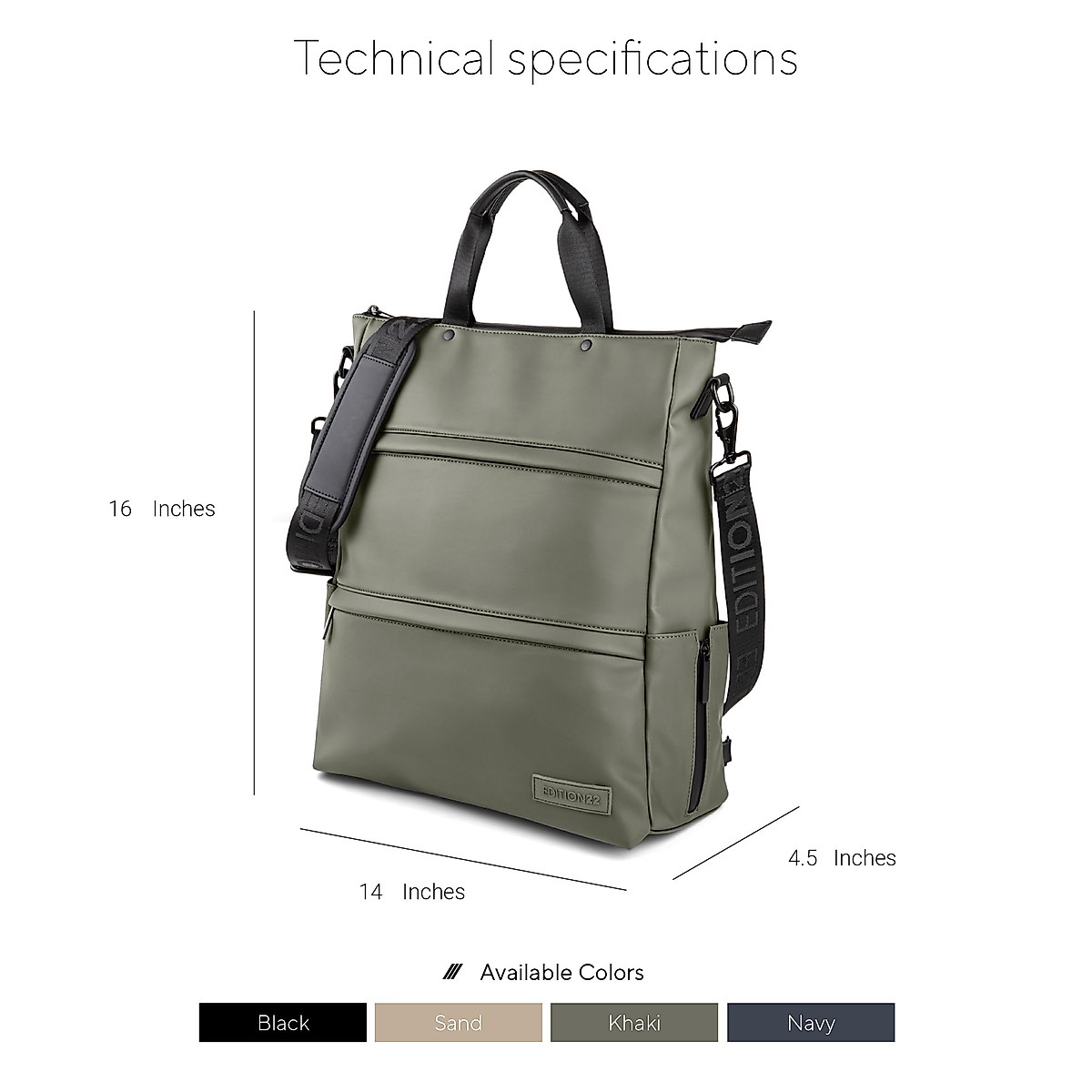 EDITION22 Core Collection 2-in-1 Convertible Tote Bag and Laptop Backpack Side Pockets, Water Repellent Vegan Leather Purse and Bookbag for Work, School, and Travel Essentials, Khaki