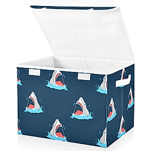 VIGTRO Large Collapsible Storage Bins with Lids Hand Drawn Shark, Summer Storage Baskets Organizer Containers with Handles for Home Bedroom Office
