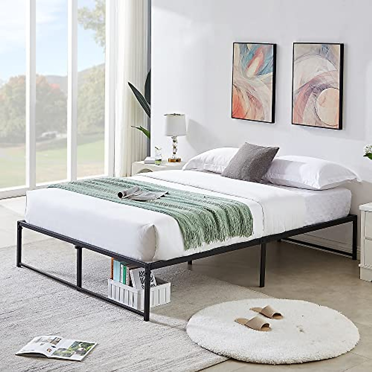 VECELO Platform Bed Frame/No Box Spring Needed/Mattress Foundation/Steel Slat Support Black (Queen)