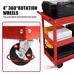 BIG RED 3-Tier Service Cart 400 lbs capacity metal cart on wheels For Garage Warehouse Workshop Use Stainless Steel Utility Cart,APTC302R,Torin