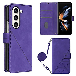 Aikukiki Case for Galaxy Z Fold 5,3D Leather Flip Folio Wallet Cover Magnetic Durable and Slim with Card Holder+Shoulder Layer Strap Phone Case for Samsung Galaxy Z Fold 5 5G,2023 (Purple)