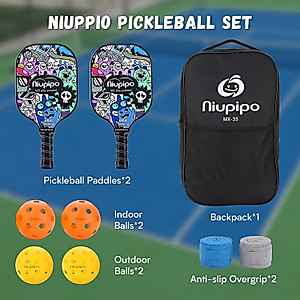 niupipo Pickleball Paddles, Pickleball Paddle Set of 2 w/Honeycomb Core, Fiberglass Surface, 2 Durable Overgrips, 1 Bag, 4 Pickleball Balls, Pickleball Paddle for Outdoor & Indoor Family Games
