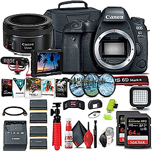 Canon EOS 6D Mark II DSLR Camera (Body Only) (1897C002) + 4K Monitor + Canon EF 50mm Lens + Pro Mic + Headphones + 2 x 64GB Card + Case + Filter Kit + Corel Photo Software + More (Renewed)
