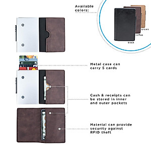 PRINT SUPREMACY Leather Wallet with Metal Case Credit Card Holder with Magnetic Lock (Up to 5 Cards), Plastic Switch with 2 Slots, Minimalist Slim Wallet for Men Women, Holds Cards ID Cash (Coffee)