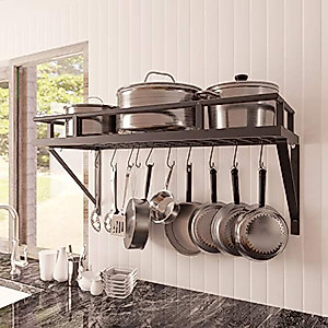 KES 30-Inch Kitchen Pan Pot Rack Wall Mounted Hanging Storage Organizer Wall Shelf with Hooks Matte Black, KUR215S75A-BK