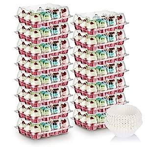 Farielyn-X (12 Pack x 15 Sets) Stackable Cupcake Carrier Holders with 200 Pack Cupcake Liners, Plastic Cupcake Boxes for 12 Cupcakes, Clear Disposable Cupcake Containers, Tall Dome Lid Cupcake Trays