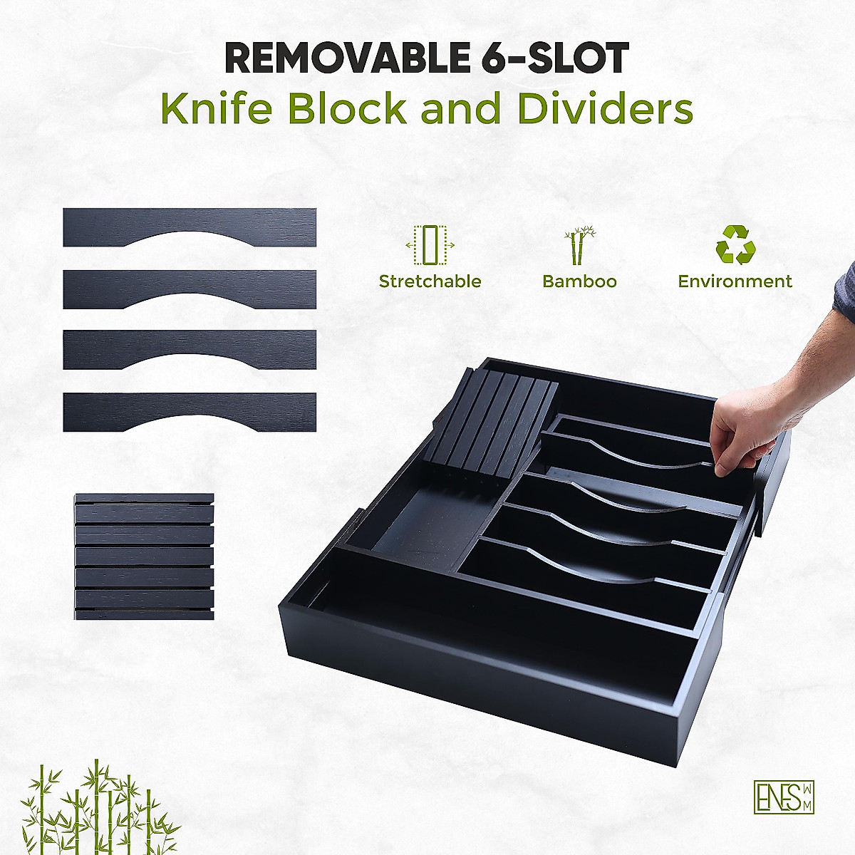 ENES-MM Bamboo Silverware Drawer Organizer Kitchen - Expandable Wood Utensil, Adjustable Cutlery Tray, Flatware Storage, Removable Knife Block and Dividers, Extra Gift Set Silicone Cooking Utensil