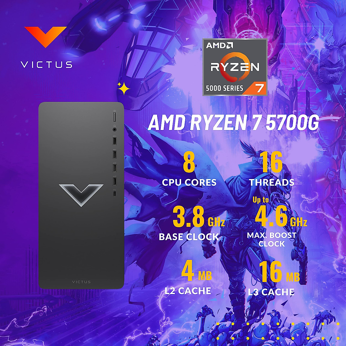 HP Victus Gaming PC, AMD Ryzen 7 5700G (8 cores, 16 Threads), 32 GB RAM, 1 TB PCIe SSD, Radeon RX 6600XT, Gaming Computer Desktop Bundle, USB C, WiFi 6, Windows 11 Home