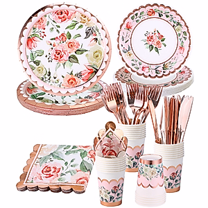 Vintage Floral Party Supplies Rose Gold - Serves 16 - Includes Floral Paper Plates Cups Napkins Knifes Forks for Baby Shower Bridal Shower Wedding Flower Birthday Decorations Garden Tea Party