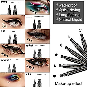 SUMEITANG 6 Pcs Double-headed Eyeliner Stamps Set Black Liquid Eye Liner Pen With Star,Moon,Heart,Flower,Smiley,Triangle Stamp Stencils Shapes for Women Makeup Kit Long-Lasting Waterproof Smudgeproof