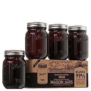 Wallaby 16oz Regular Mouth Amber Mason UV-Blocking Jars with Lid & Seal Bands - Airtight Glass Container for Canning, Pickling, Food Storage, Candles, Overnight Oats, Fruit, Jam, Jelly or DIY (4-Pack)