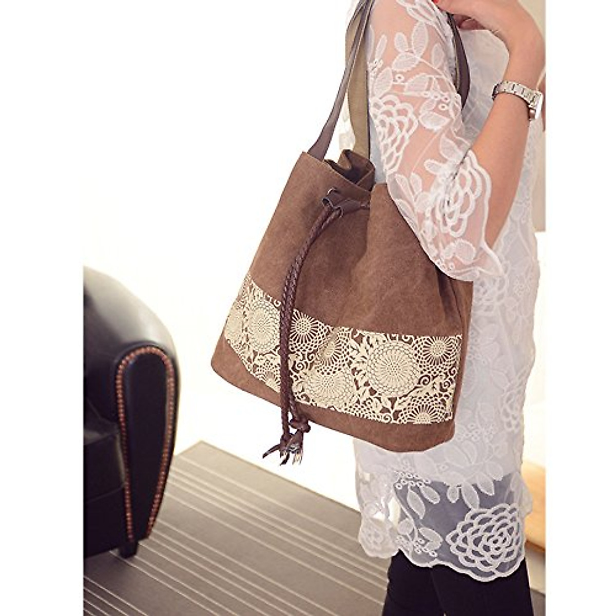 Hiigoo Printing Canvas Shoulder Bag Retro Casual Handbags Messenger Bags (Brown)