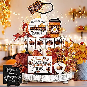 Maitys 13 Pcs Fall Tiered Tray Decor Set Thanksgiving Pumpkin Gnome Rustic Farmhouse Decor Fall Decor Autumn Harvest Decorative Trays Wooden Tabletop Signs for Home Kitchen(Orange Plaid Style)