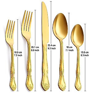 30-Piece Gold Silverware Set, FULLYWARE Stainless Steel Satin Finish Flatware Cutlery Set include Forks, Spoons and Knives, Rose Pattern Design, Service for 6