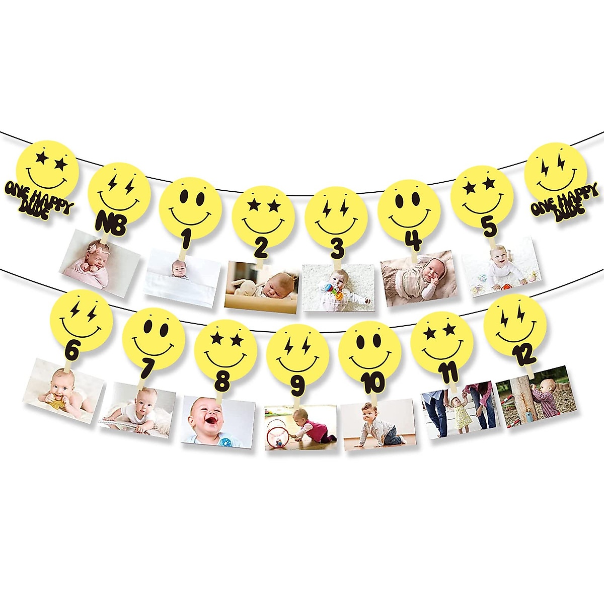 One Happy Dude Monthly Photo Banner - 1st Birthday Monthly Banner Baby Boy 12 Month Photo Display Milestone Photography Bunting Garland for Hippie Groovy One 1 Year Old First Birthday Party