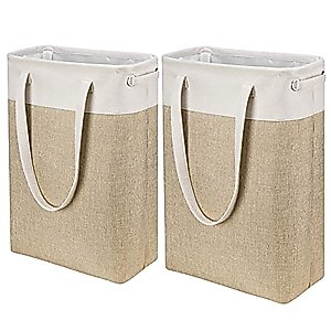 Laundry Hampers Tall Slim Laundry Baskets Thin Foldable Clothes Hamper Narrow Hamper for Laundry Storage Organizer Collapsible Hamper Laundry with White and Brown Imitated Burlap Patchwork,QY-SC24-2