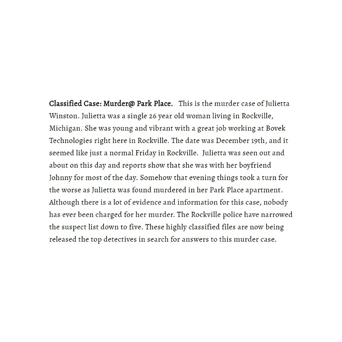 Detective Murder Unsolved Murder Mystery Game - Murder @ Park Place - Unsolved Murder Mystery Cold Case Files Game