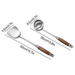 Wok Spatula & Ladle Tool Set, AOOSY 18/10 Stainless Steel Cooking Utensils, Wooden Handle Wok Utensils Soup Ladle 15 inches Set of 2