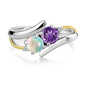 Gem Stone King 925 Sterling Silver and 10K Yellow Gold Purple Amethyst White Simulated Opal and White Lab Grown Diamond Ring For Women (1.00 Cttw, Gemstone Birthstone, Available In Size 5, 6, 7, 8, 9)