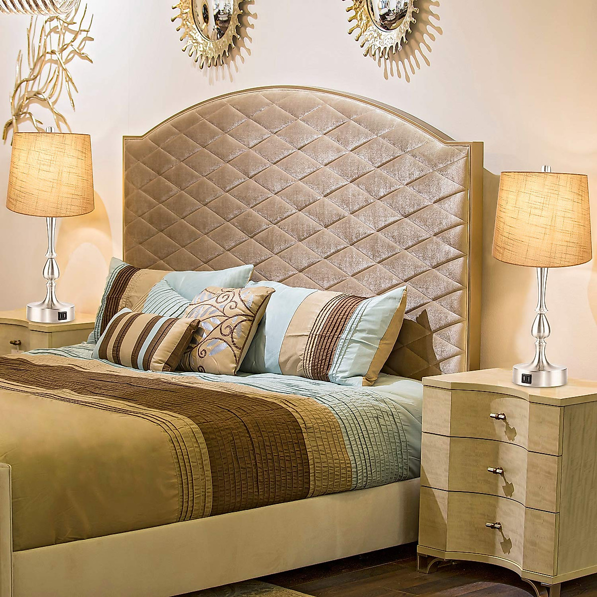 PARTPHONER Set of 2 Touch Control Table Lamp with Dual USB Charging Ports Desk Lamps, 3-Way Dimmable Modern Nickel Finish Bedside Large Table Lamps for Living Room, Bedroom