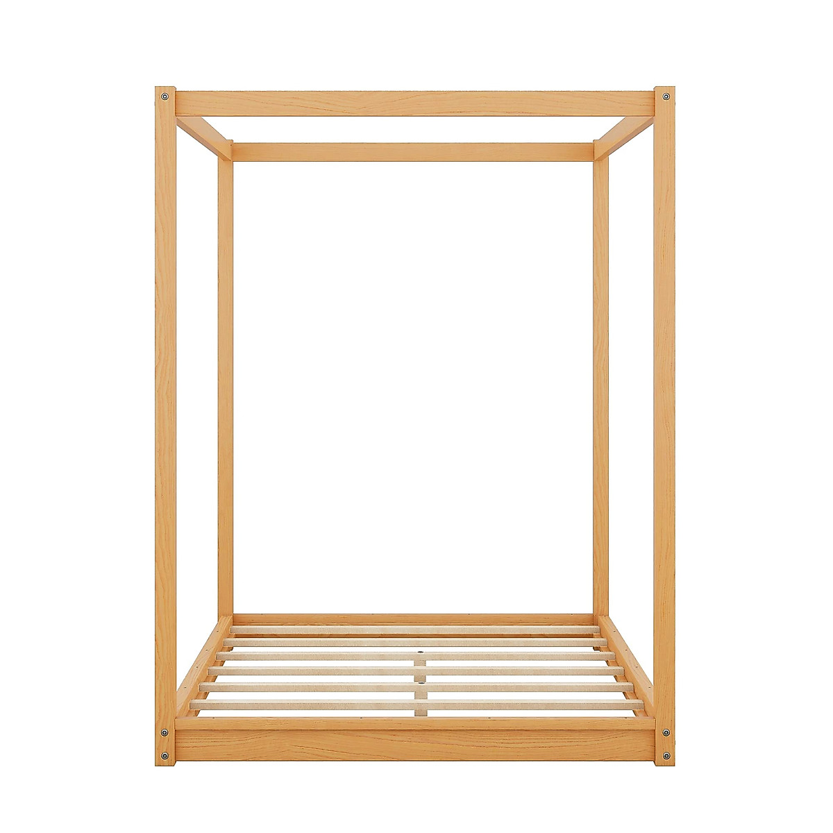 MWrouqfur 4-Poster King Size Canopy Floor Bed Frame, Morden Wood Low Profile Platform Beds with Wooden Slats Support, No Box Spring Needed (Natural)