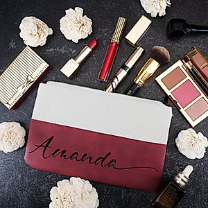 Personalized Makeup Bag w/Name - Vegan Leather & Canvas - 7 Fonts, Bridesmaid Proposal Gifts, Custom Cosmetics Bag, Lightweight & Portable Makeup Pouch for Travelling, Gifts for Women, Mom - Rose
