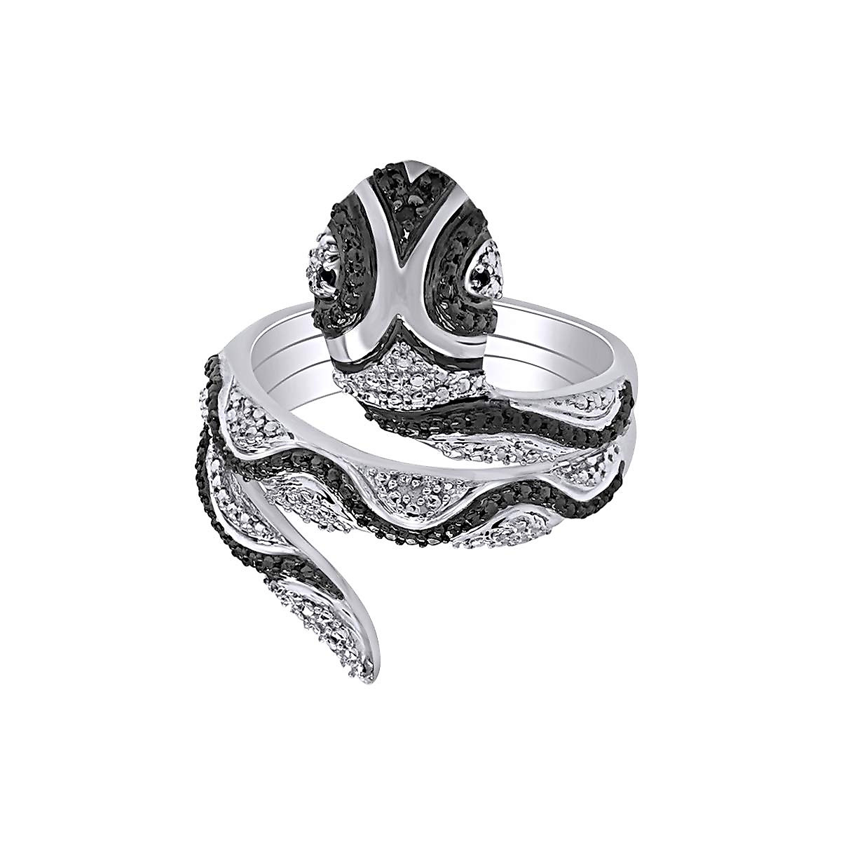 14k White Gold Over Sterling Silver Black Natural Diamond Accent Snake Ring For Women Ring Size-7 (0.01 Carat, Color - Black, Clarity I2-I3)