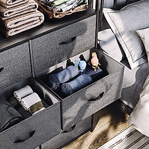 YITAHOME 8-Drawer Fabric Dresser with Shelves, Furniture Storage Tower Cabinet, Organizer for Bedroom, Living Room, Hallway, Closet, Sturdy Steel Frame, Wooden Top, Easy Pull Fabric Bins(Black Grey)