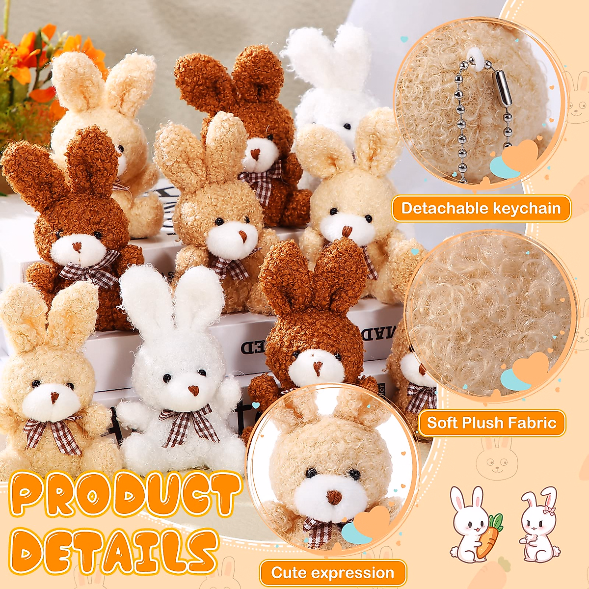 Sotiff 24 Pcs Easter Plush Bunny Stuffed Animal Bulk 4.7 Inch Mini Bunnies Keychain Doll Furry Rabbit with Bow Tie for Birthday Baby Shower Party Favor Gifts Classroom Rewards(Mixed Color)
