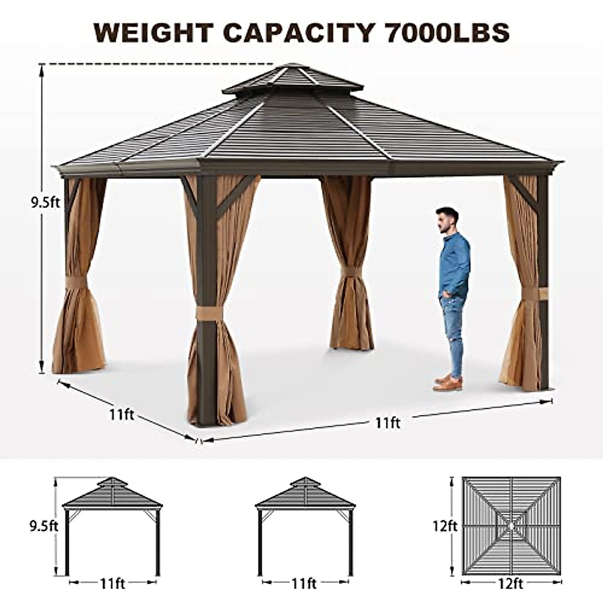 NOBLEMOOD 12' x 12' Outdoor Aluminum Hardtop Gazebo - Patio Double Roof Galvanized Permanent Metal Gazebos with Curtain and Netting for Backyard Deck Garden(Brown)