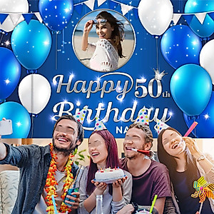 Custom Navy Blue Happy 50th Birthday Decoration Banner - Personalized with Photos and Names