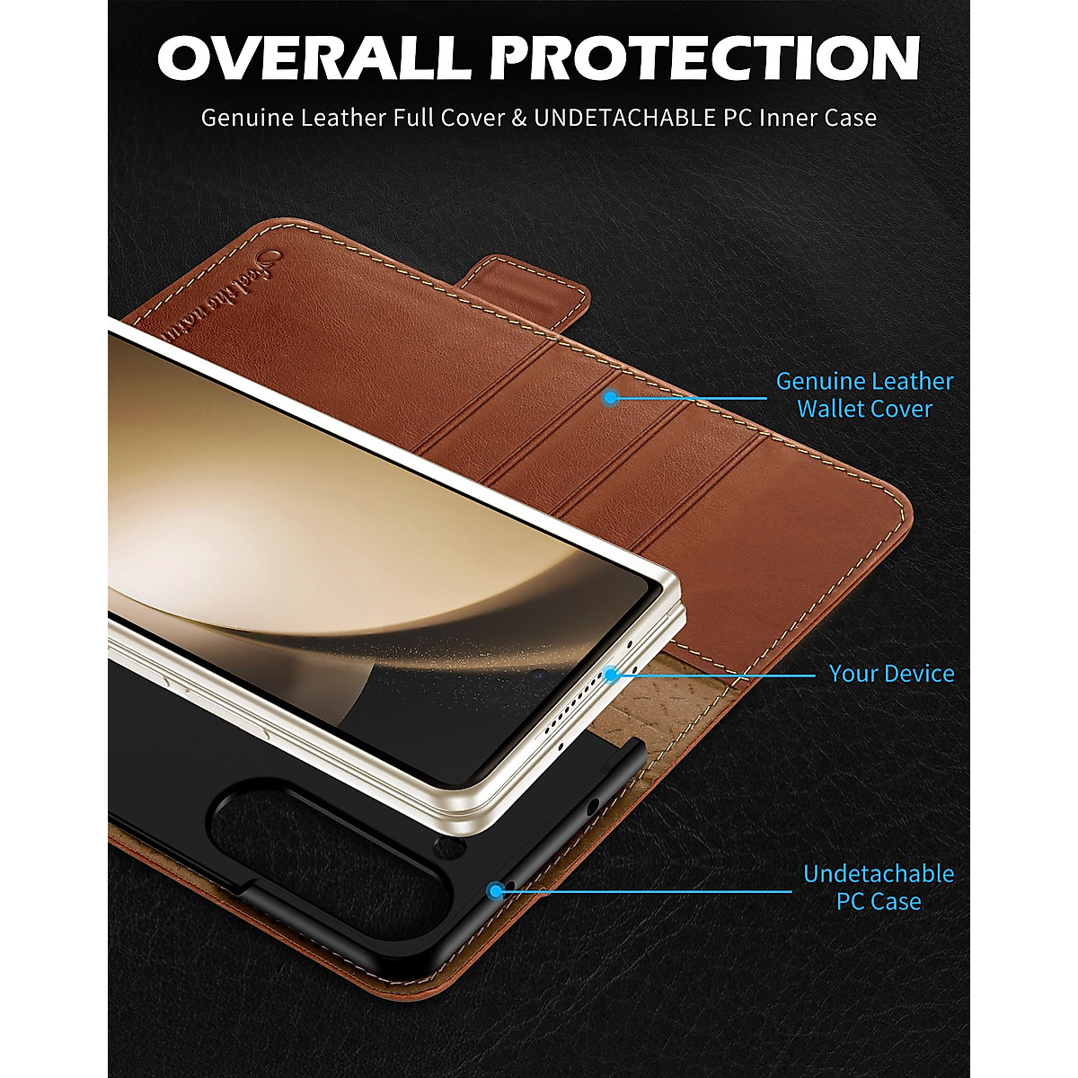 SHIELDON Case for Galaxy Z Fold 5, Genuine Leather Wallet Shockproof Case Flip Magnetic Kickstand RFID Blocking Credit Card Slot with S Pen Holder Compatible with Galaxy Z Fold5 7.6" - Retro Brown
