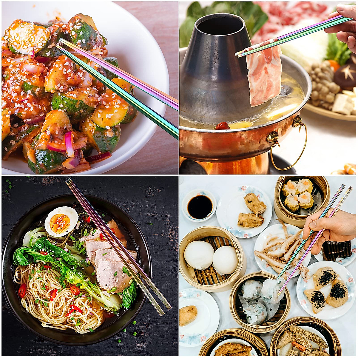 Jaaytct Stainless Steel Chopsticks Reusable 5 Pairs Multicolor Rainbow Metal Chopsticks Dishwasher Safe Square Lightweight Non-Slip Chop Sticks Laser Engraved Cherry Blossoms Pattern for Home Kitchen