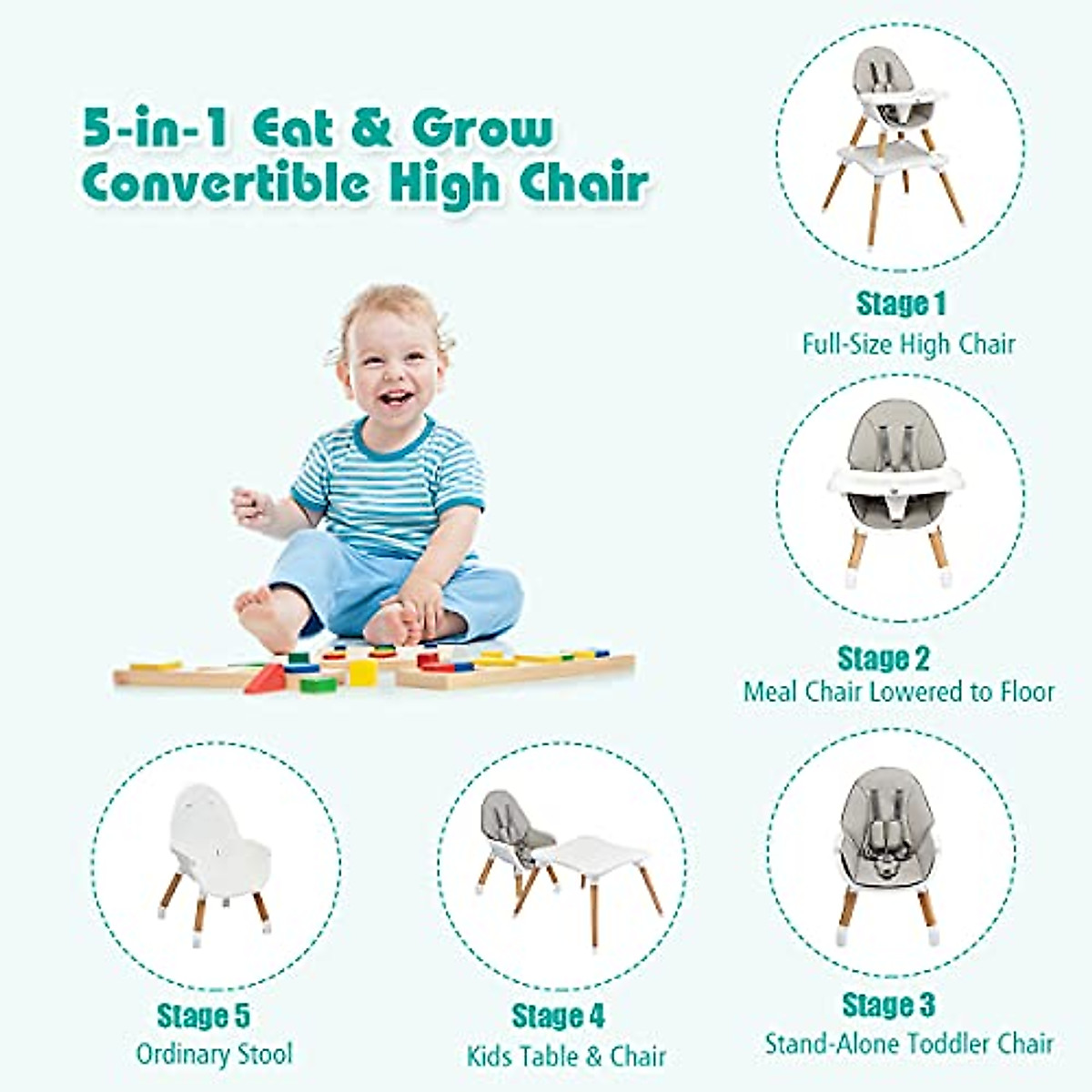 BABY JOY 5 in 1 High Chair, Convertible High Chairs for Babies and Toddlers/Booster Seat/Table and Chair Set, Infant Wooden Highchair w/ 5-Point Harness, 4-Position Removable Tray & PU Cushion, Gray