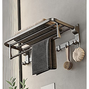 MUSTORN Bathroom Towel Rack with Towel Bar and Hooks 23.6 in Foldable Towel Shelf Wall Mounted Lavatory Towel Organizer Modern Gray Finish