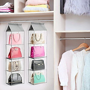 Febou 2 Pack Hanging Purse Organizer for Closet, Detachable Hanging Handbag Storage Purse Holder with 4 Mesh Shelves for Wardrobe Closet Purse Organizer (Grey)