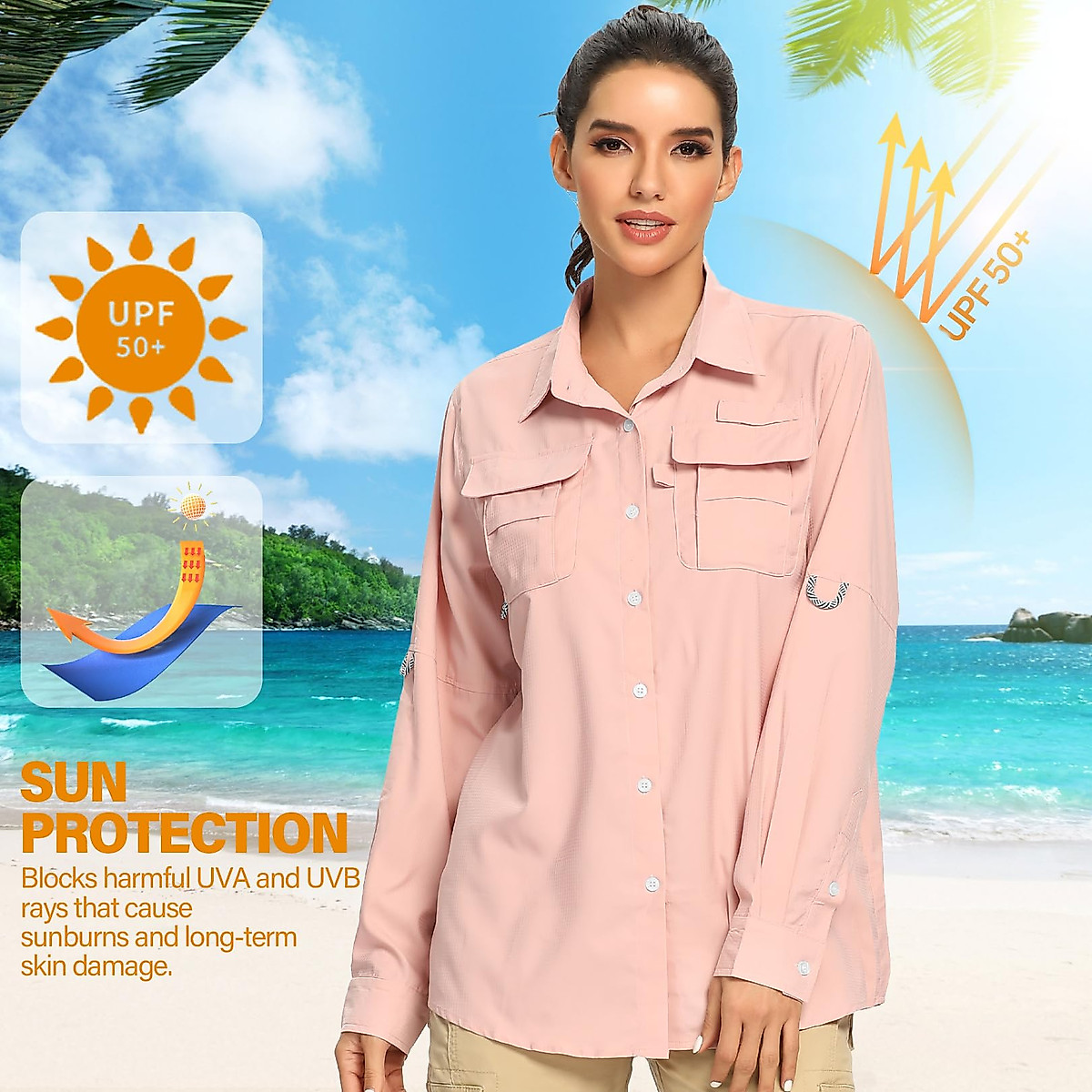 Women's Quick Dry UPF 50+ Sun Protection Long Sleeve Shirt Hiking Fishing Shirts,Pink,M