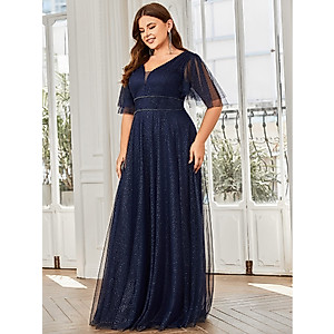 Ever-Pretty Plus Women's A Line illsuion Tulle Floor-Length Plus Size Dance Party Dress Navy US24