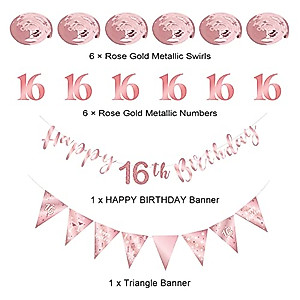 Rose Gold 16th Birthday Decoration for Girls, Happy 16th Birthday Banner Bunting Swirls, Triangle Flag Banner for 16 Birthday Party Decorations Supplies