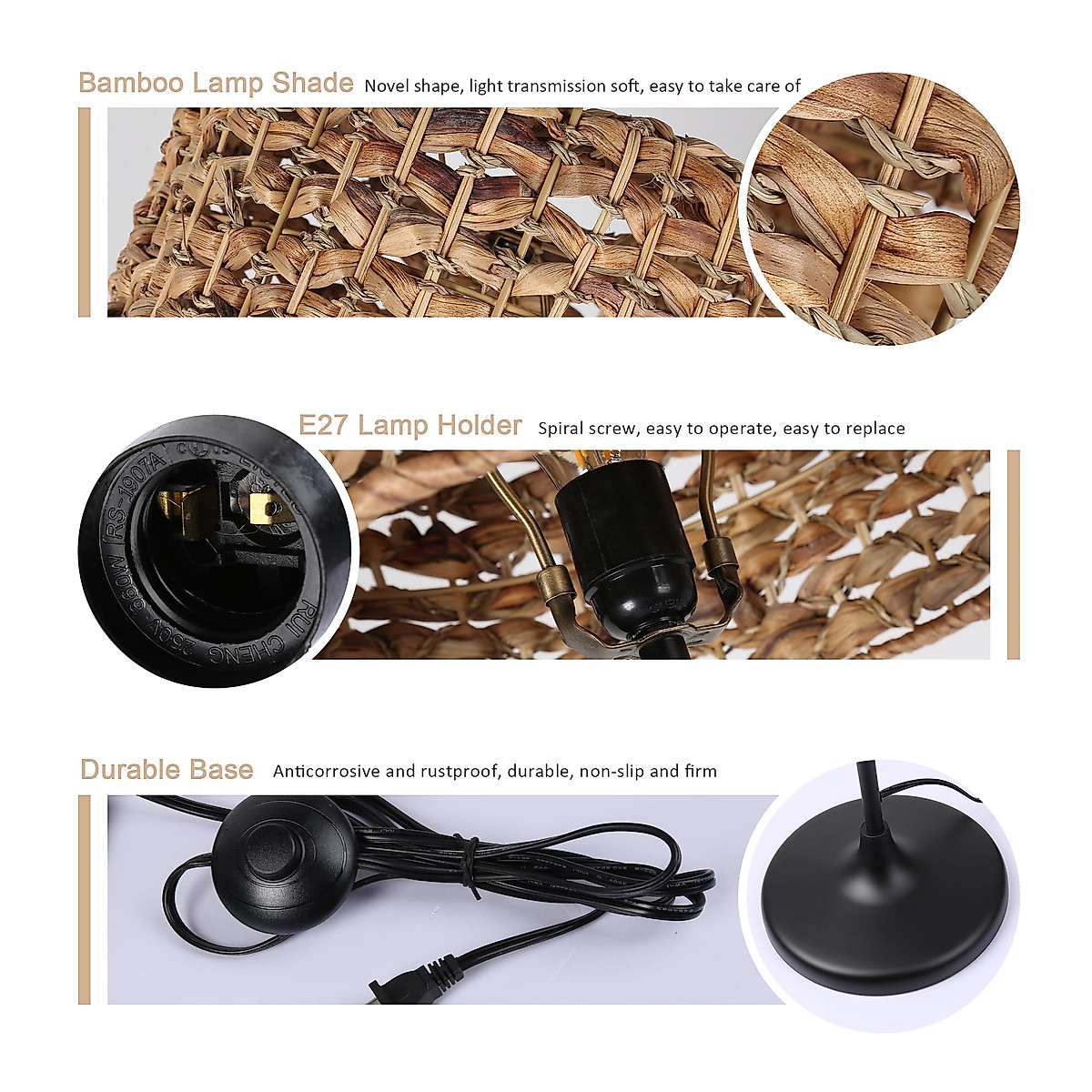 Zompoo Bamboo Rattan Floor Lamp for Living Room, Boho Hand-Worked Woven Cylinder Lampshade Standing Lamp with Foot Switch, Industrial Black Tall Floor Light Decoration for Bedroom, Farmhouse