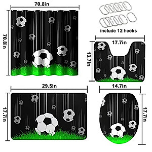 Soccer Shower Curtain Set Cartoon Black and White Football Shower Curtain Set with Rugs, Toilet Lid Cover and Bath Mat, 70.8×70.8