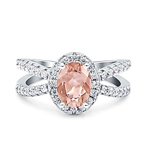 Blue Apple Co. Simulated Morganite Cubic Zirconia Size-10 Split Shank Halo Oval Wedding Engagement Ring Round CZ 925 Sterling Silver