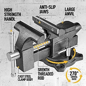 Bench Vise 4-1/2", Vice for Workbench with Heavy Duty Forged Steel Construction, Built-in Pipe Jaw, Swivel Base Table Vise for Woodworking, Home Workshop Use and DIY Jobs