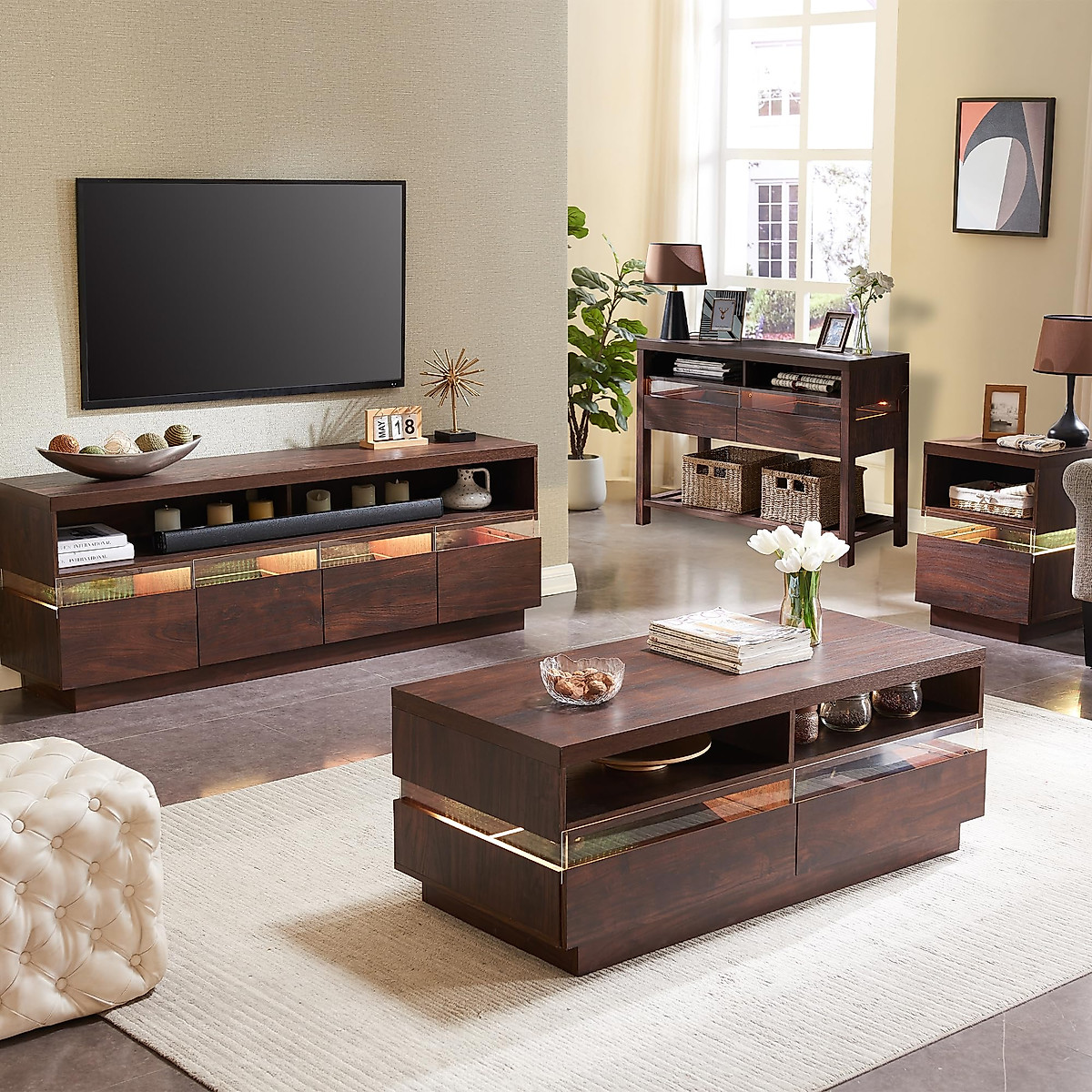 T4TREAM 48" LED Coffee Table with Storage, Modern Center Table with LED Lights & Power Strip, Coffee Table with Drawers for Living Room, Easy Assembly, Dark Walnut