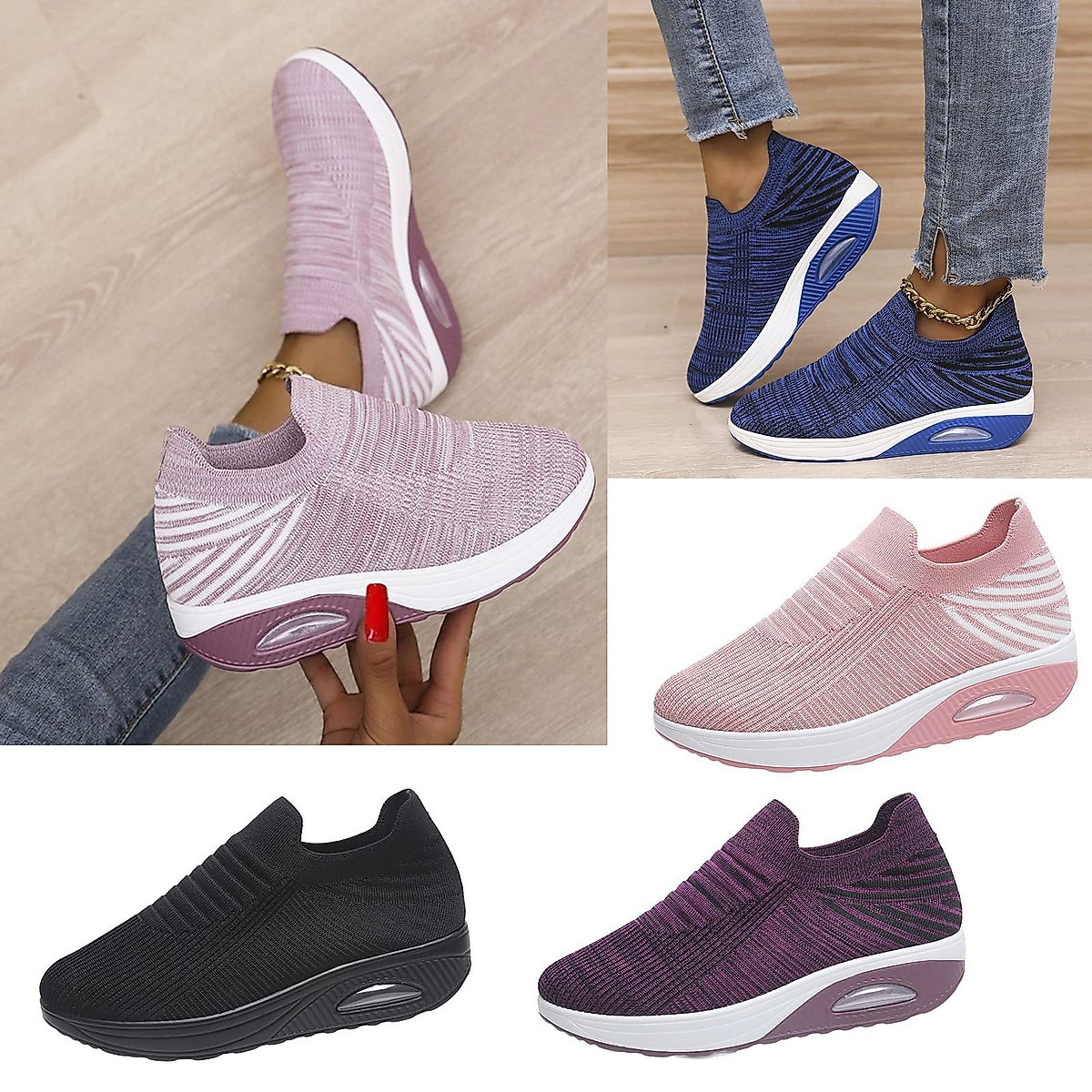 DONGJINGO Women Mesh Breathable Slip-on Air Cushion Walking Shoes,Arch Support Diabetic Shoes,Non-Slip Comfy Work Work Shoes (Light Purple,4.5)